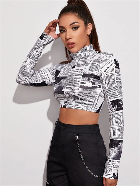 SHEIN ICON Mock Neck Newspaper Print Crop Tee SHEIN UK