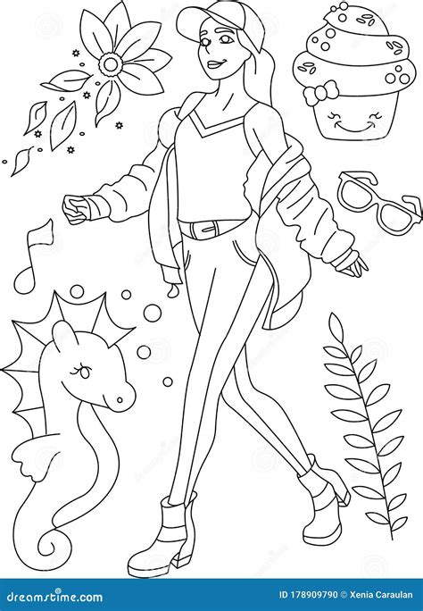 Ilustração Vetorial De Desenho De Rabisco Da Moda Com Muitos Elementos Página Colorida Para
