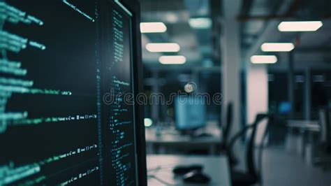 Programming Code On Screen In Contemporary Tech Office Workspace Stock Illustration