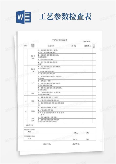 工艺纪律检查表Word模板下载 编号lxonvxwg 熊猫办公