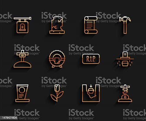 묘비 꽃 장미 간판 무덤에 관 십자가 기념 화환 관 및 말풍선 찢어 죽음 아이콘이 있는 라인 무덤을 설정합니다 벡터 0명에 대한 스톡 벡터 아트 및 기타 이미지 Istock