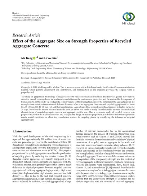 Pdf Effect Of The Aggregate Size On Strength Properties Of Recycled