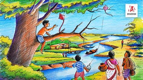 How To Draw Beautiful Village Scenery রূপসী বাংলার দৃশ্য অংকন