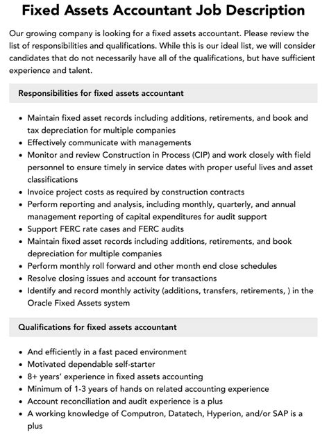 Fixed Assets Accountant Job Description Velvet Jobs