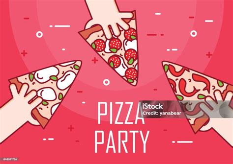 손과 피자 조각 그림입니다 패스트 푸드에 대 한 벡터 배너입니다 얇은 라인 플랫 디자인입니다 피자 파티에 초대입니다 피자에 대한 스톡 벡터 아트 및 기타 이미지 Istock