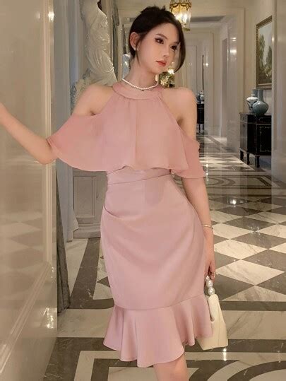 Dazy Solid Ruffle Hem Cold Shoulder Dress Shein Usa