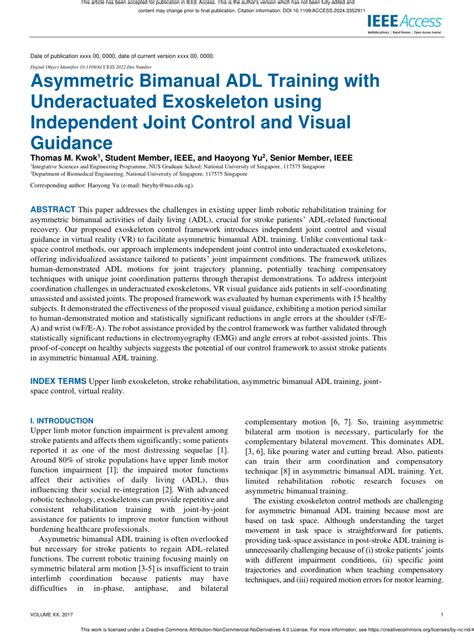 Pdf Asymmetric Bimanual Adl Training With Underactuated Exoskeleton