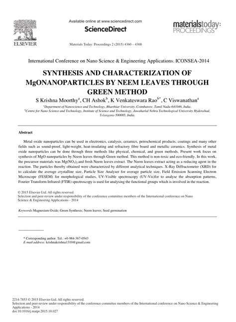 Pdf Synthesis And Characterization Of Mgo Nanoparticles By Neem Leaves Through Green Method