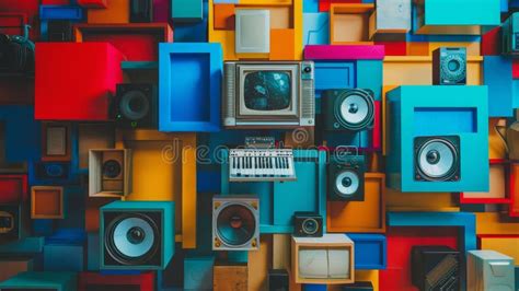 Retro Audio And Visual Equipment In Colorful Cubes A Colorful And