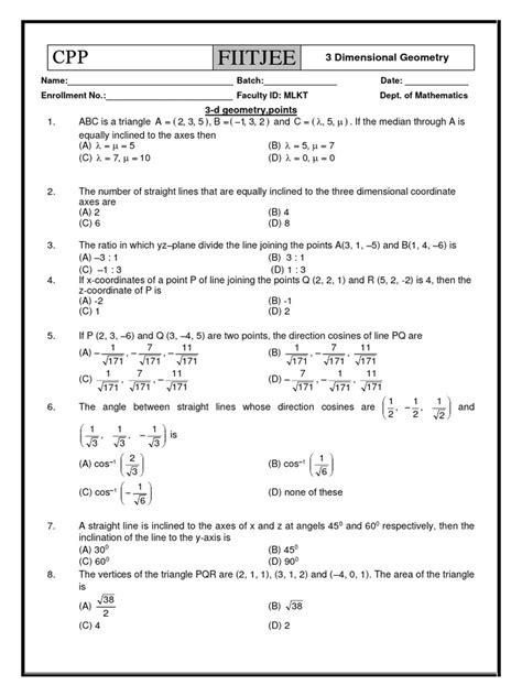 3 Dimensional Geometry 15 08 2020 Topic Wise Download Free Pdf