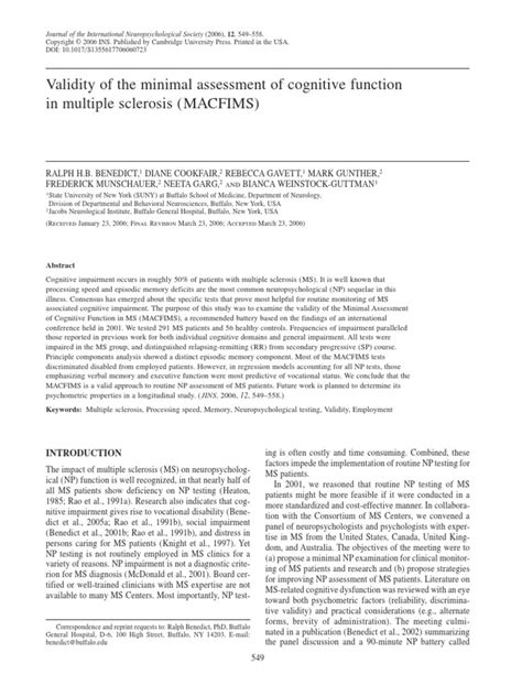 Validity Of The Minimal Assessment Of Cognitive Function In Multiple Sclerosis Macfims Pdf