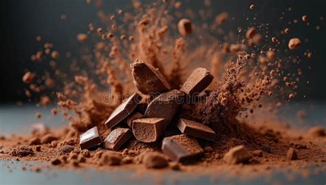 dynamic shot of dark chocolate chunks explosion in cocoa powder cloud