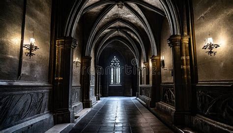 A Dark Gothic Looking Hallway In A Dark Gothic Looking Building Stock