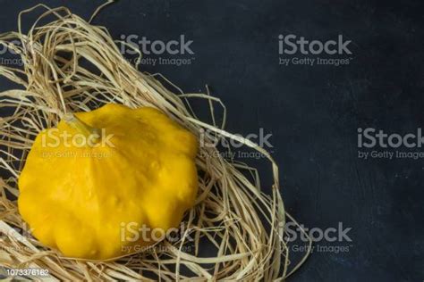 건초와 콘크리트 블랙에 노란색 Pattypan Syuash입니다 호박 Cucurbit의 종의 종류입니다 계절 야채입니다 국가