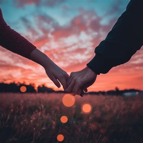 Close Up Of Two Hands Holding Each Other Against A Sunset Sky Premium