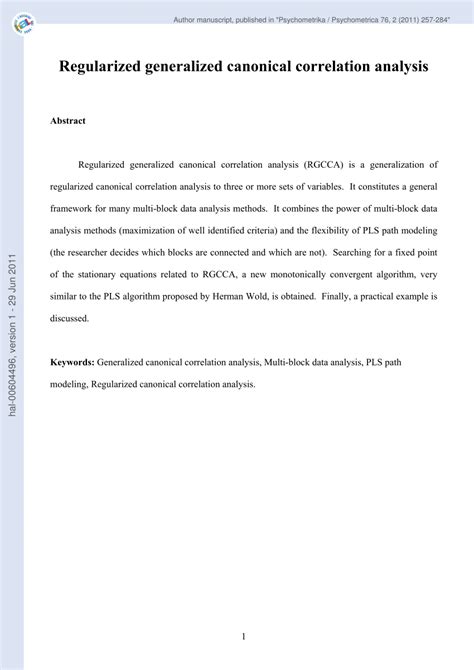 Pdf Regularized Generalized Canonical Correlation Analysis