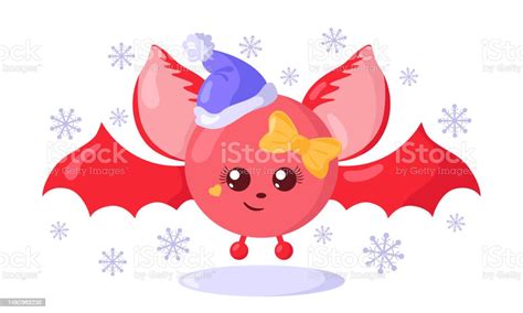 크리스마스 모자와 둥근 몸통을 가진 재미있는 귀여운 카와이 박쥐는 그림자가 있는 평평한 디자인의 눈송이로 둘러싸여 있습니다