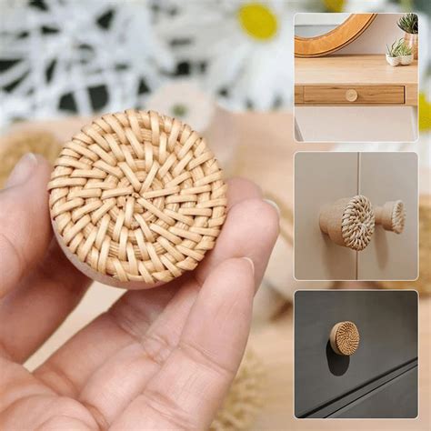Boho Rattan Dresser Knobs Round Wooden Cabinet Handle Drawer Knobs