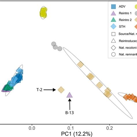 principal component analysis plot showing pc 1 and 2 shapes indicate