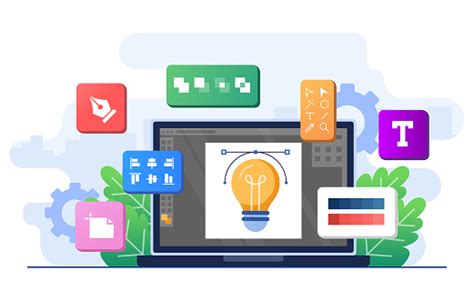 노트북 화면에 그래픽 디자인 소프트웨어 응용 프로그램 평면 일러스트 벡터 템플릿 디자인 도구 기호 화면에 아이콘 및 요소 직장에서 크리에이터 그래픽 디자인 디자이너 그래픽