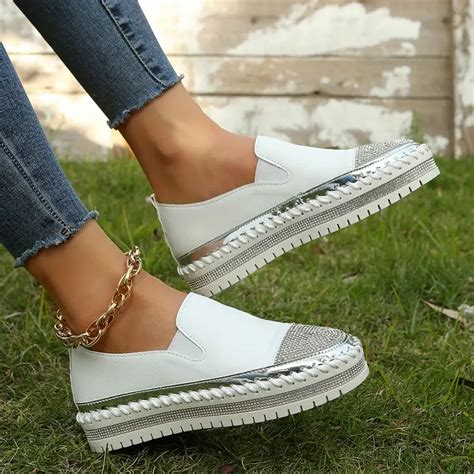 Womens Platform Loafers Trendy Round Toe Rhinestone Slip Temu