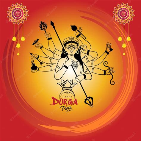 행복 Durga Puja 및 Navratri 인사말 여신 Durga 개요 그림 프리미엄 벡터