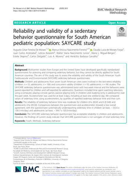 2020 Reliability And Validity Of A Sedentary Behavior Questionnaire For