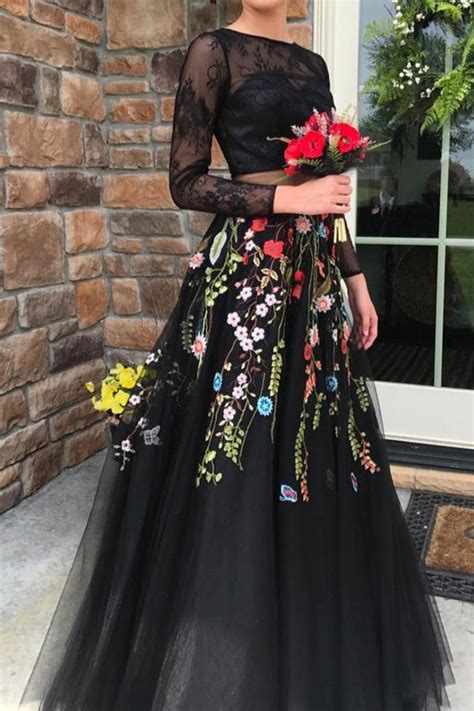 Two Piece Long Sleeves Lace Black Prom Dresses Formal Evening Dress Ld
