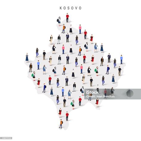 코소보 인구 지도 Kosovan지도의 모양에 큰 그룹의 사람들 흰색에 고립 된 평면 벡터 그림 공동체에 대한 스톡 벡터 아트 및