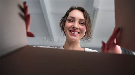 Cute Female Open Cardboard Box Unpacking Parcel Marketplace Order