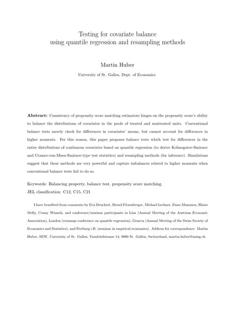 Pdf Testing For Covariate Balance Using Quantile Regression And Resampling Methods