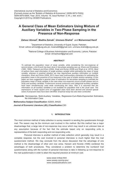 Pdf A General Class Of Mean Estimators Using Mixture Of Auxiliary Variables In Two Phase