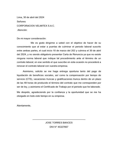 Carta De No Renovación De Contrato Pdf