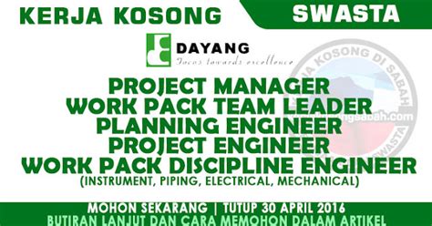 Kerja Kosong Pelbagai Jawatan Dayang Enterpridse Sdn Bhd Jawatan