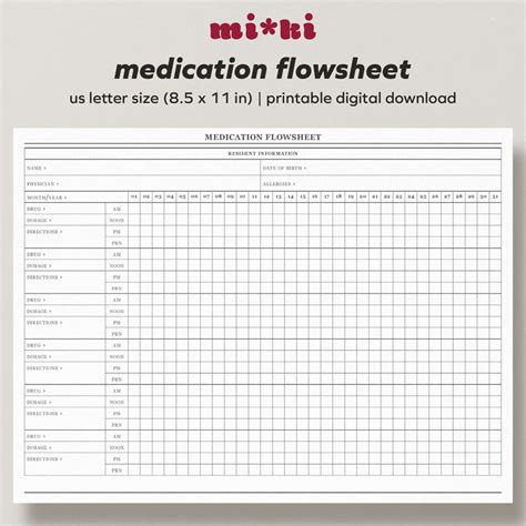 Medication Flowsheet Assisted Living Home Pdf Template Caregiver Organizer Medical Log Elderly
