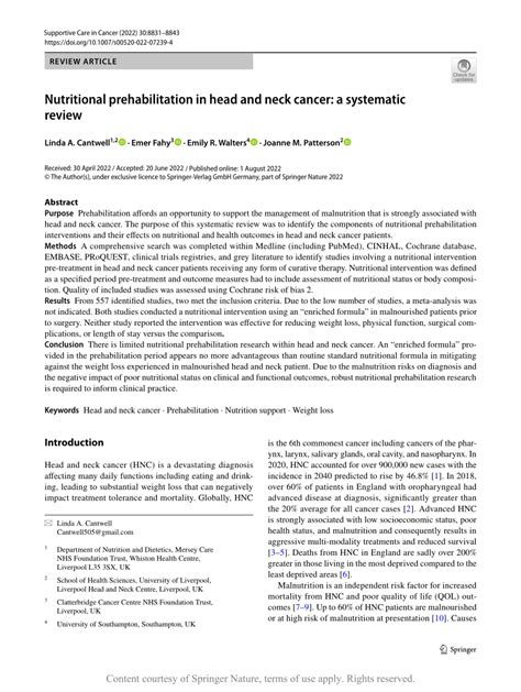 Nutritional Prehabilitation In Head And Neck Cancer A Systematic