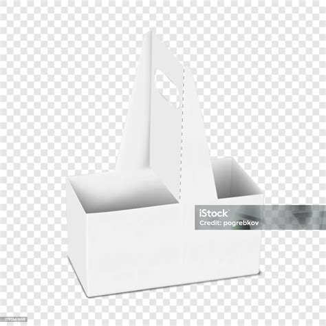 손잡이가 있는 빈 백지 테이크아웃 음료 캐리어 3d 모형 커피 차 기타 음료를 담을 수 있는 판지 2컵 홀더 사실적인 벡터 모형 디자인용 템플릿 3차원 형태에 대한 스톡