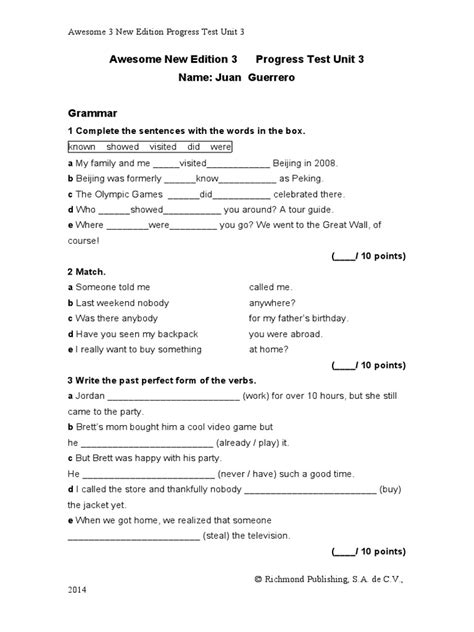 Awesome New Edition 3 Progress Test Unit 3 Name Juan Guerrero Pdf