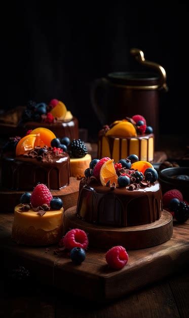 Premium Ai Image Beautifully Decorated Cakes On The Wooden Table