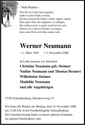 Traueranzeigen Von Werner Neumann Trauer In NRW De