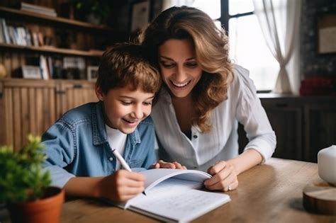 Madre Alegre Haciendo Los Deberes Con Su Hijo En Casa Foto Premium
