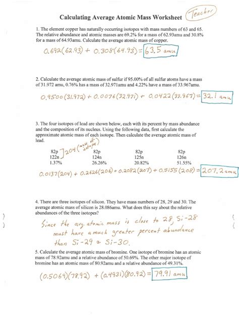 Average Atomic Mass Practice Worksheet With Answers