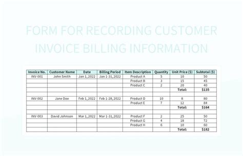 Form For Recording Customer Invoice Billing Information Excel Template