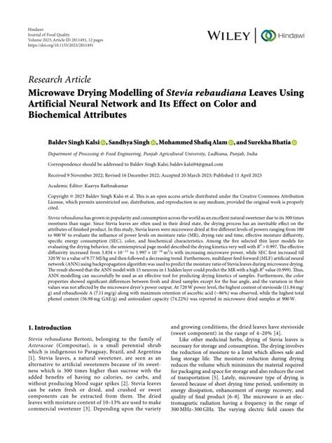 Pdf Microwave Drying Modelling Of Stevia Rebaudiana Leaves Using