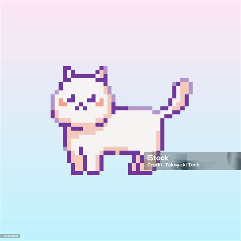 픽셀 아트 고양이 아이콘입니다 8 비트 벡터 스티커 또는 복고풍 90 년대 게임 스타일의 새끼 고양이의 미소 모자이크 트렌디