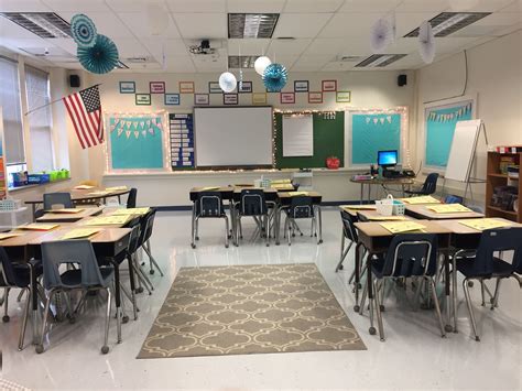 4th Grade Classroom Set Up In Turquoise And Gray Chevron Theme