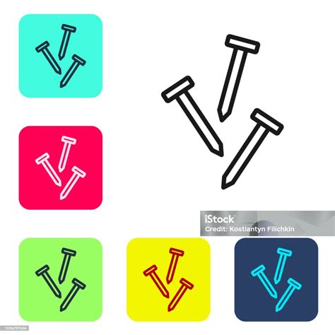 흰색 배경에 격리 된 검은 줄 금속 손톱 아이콘 색상 정사각형 단추로 아이콘을 설정합니다 벡터 강철에 대한 스톡 벡터 아트 및