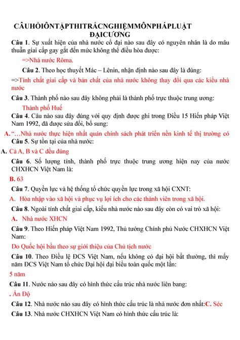 PLDC PLDC CÂUHỎIÔNTẬPTHITRẮCNGHIỆMMÔNPHÁPLUẬT ĐẠICƯƠNG Câu Sự xuất hiện của nhà nước cổ