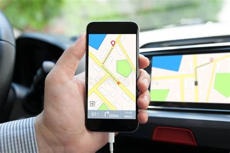 Man Hand In Car Holding Phone With Navigation Map Stock Image Image Of Hand Auto