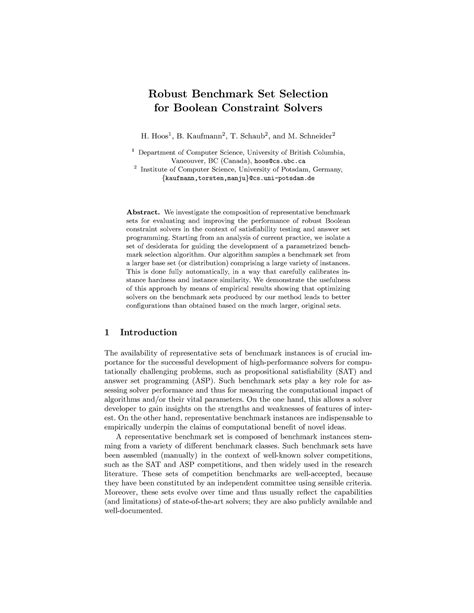 Robust Benchmark Set Selectionfor Boolean Constraint Solvers Hoos 1 B Kaufmann 2 T